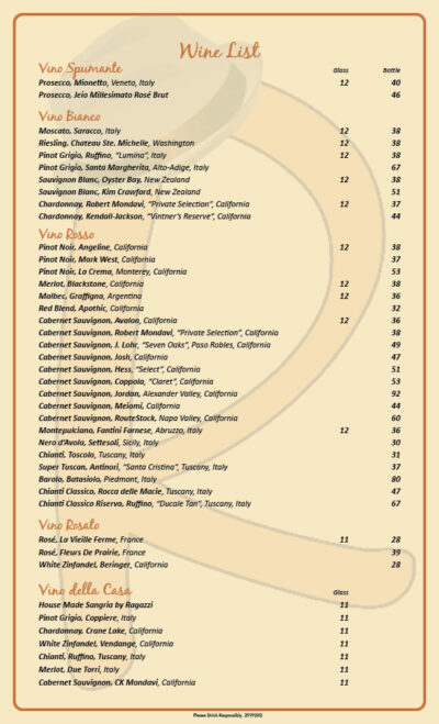 Menu – Wine List – Ragazzi